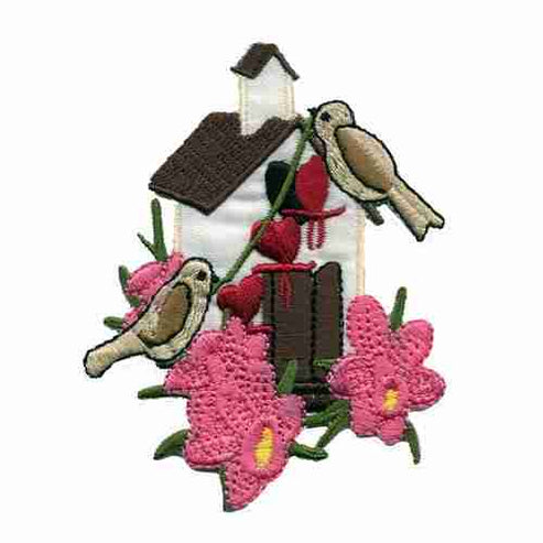 Birdhouse with Birds and Pink Flowers Iron on Patch Applique – Laughing ...